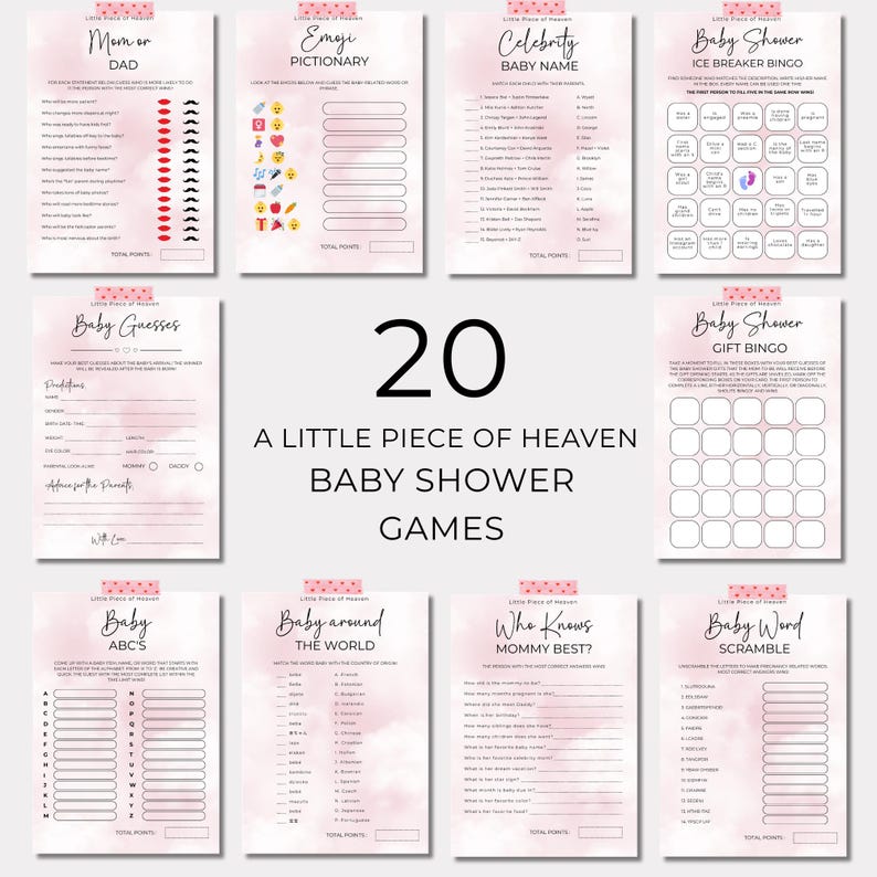 A Little Piece of Heaven Baby Shower Games, Pink Printable and Editable ...