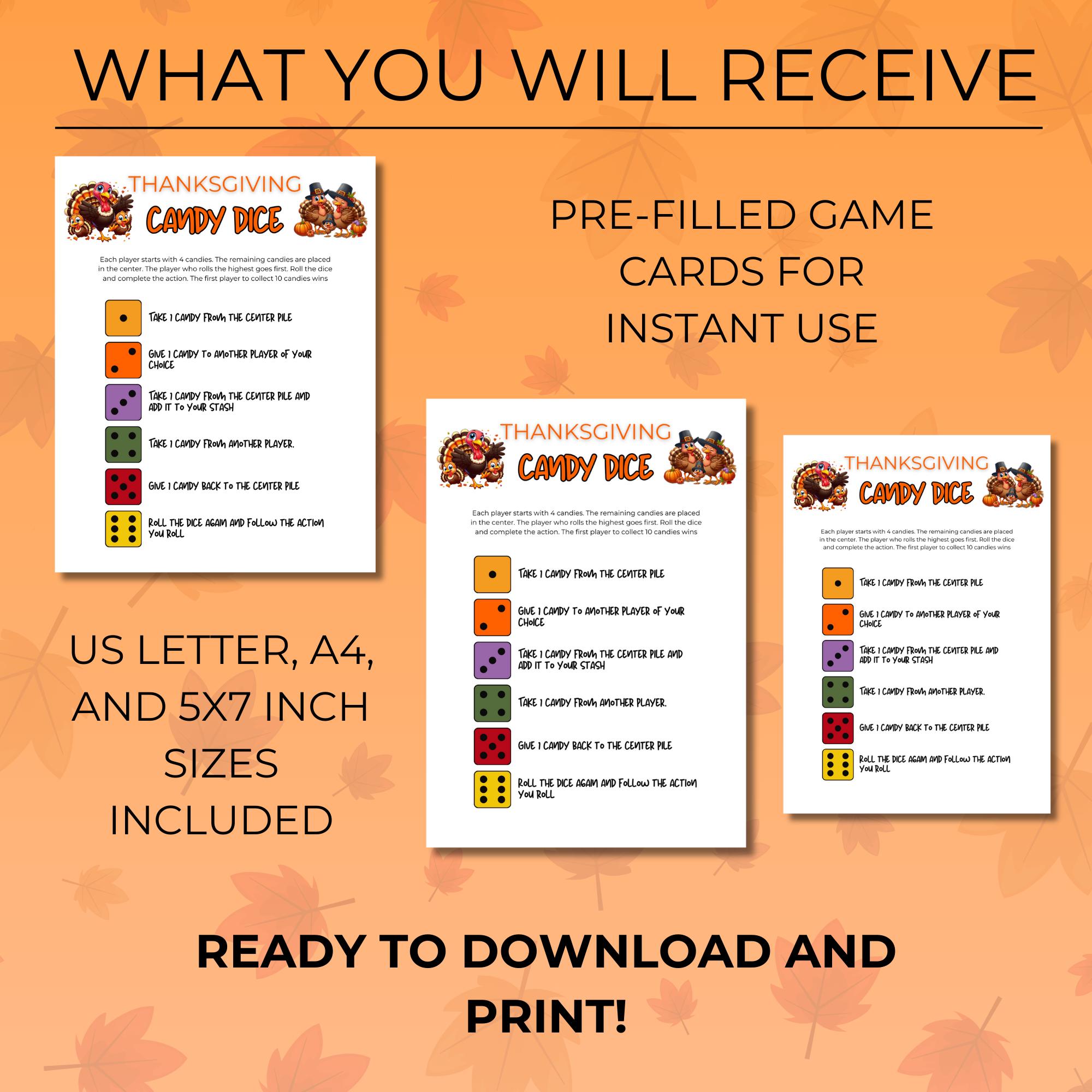 Thanksgiving Candy Dice Game Printable, Fun Family Thanksgiving Game ...