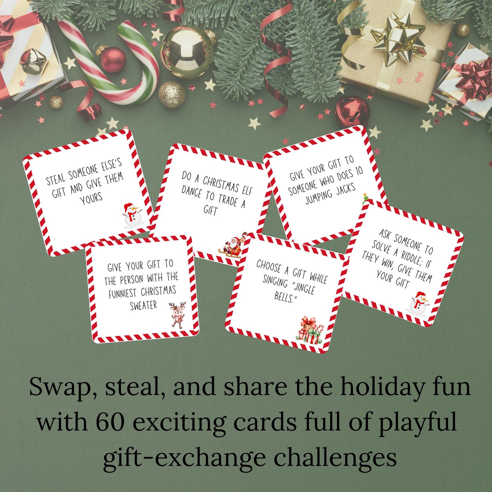 Christmas Yankee Swap Game - 60 Gift Exchange Cards + 12 Blank Cards ...