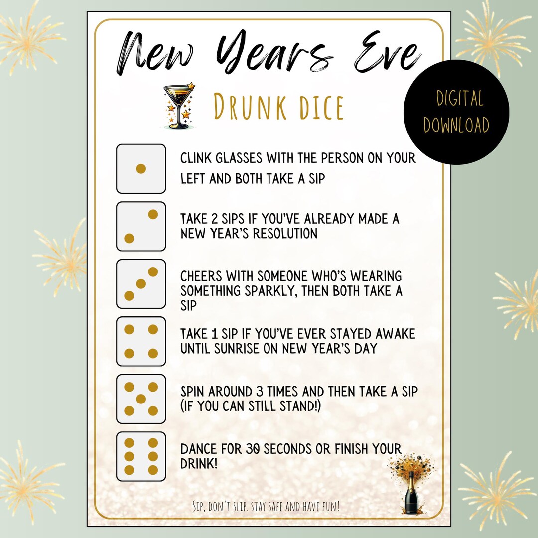New Years Eve Drinking Dice Game - Fun Printable for NYE Party, New ...