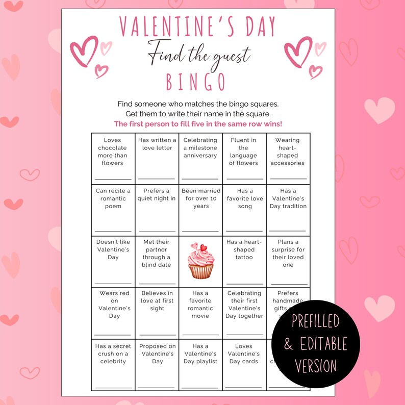 Editable Valentines Day Bingo, Find the Guest Bingo Printable ...