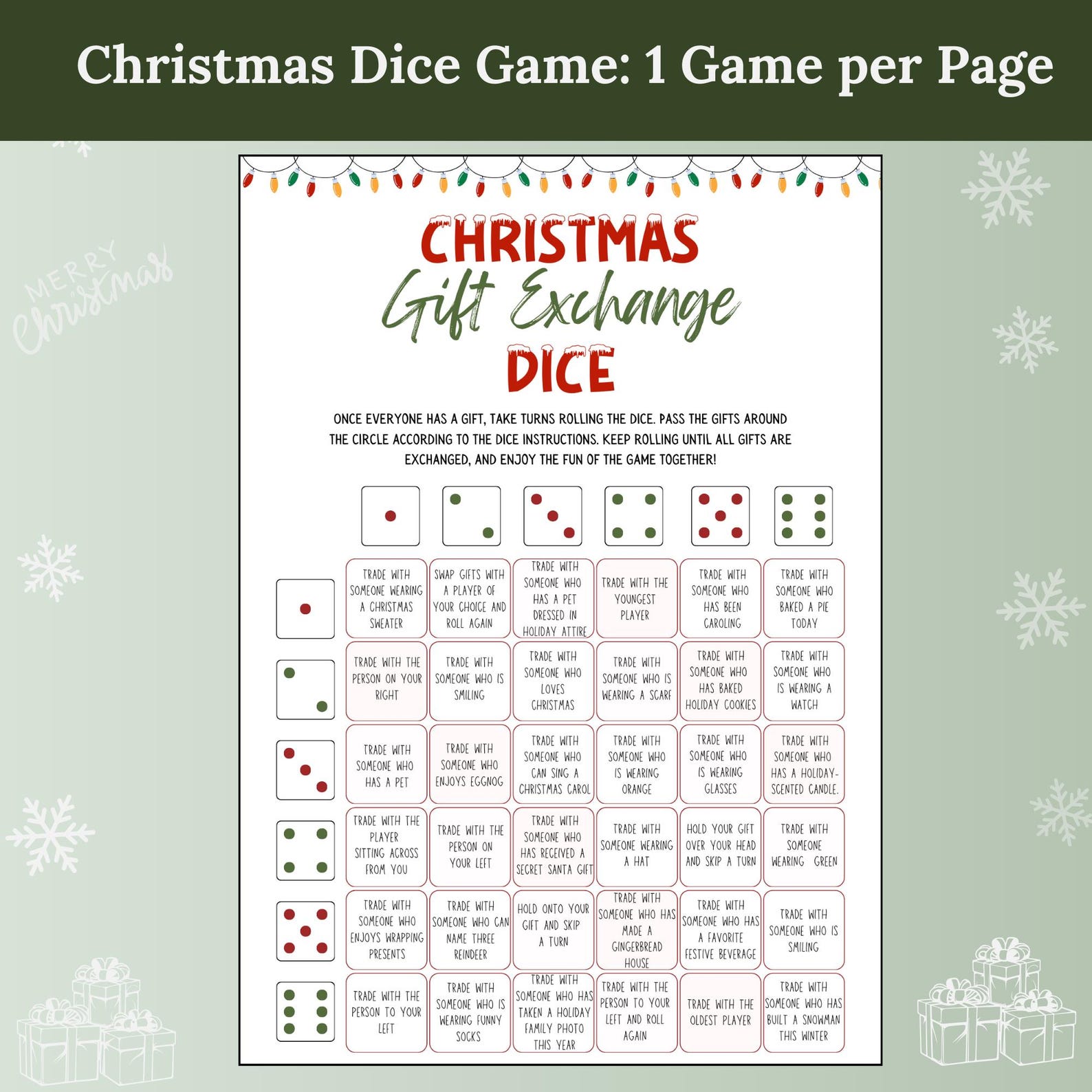 Christmas Gift Exchange Dice Game, Yankee Swap Game, White Elephant ...