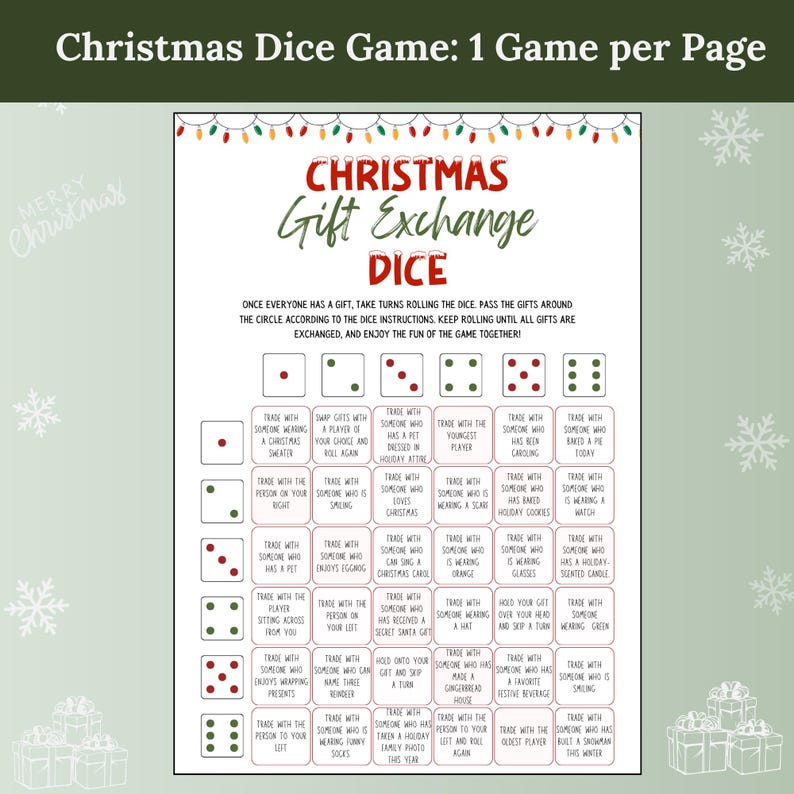 Christmas Gift Exchange Dice Game, Yankee Swap Game, White Elephant ...