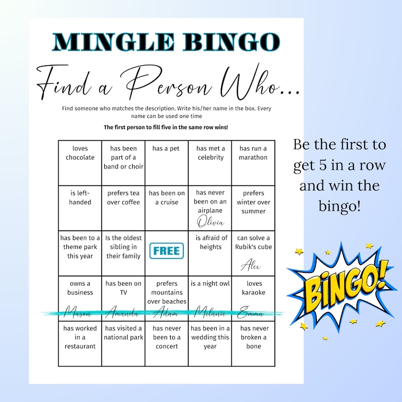 Mix and Mingle Bingo, Get to Know You Questions, Find Someone Who, Ice ...