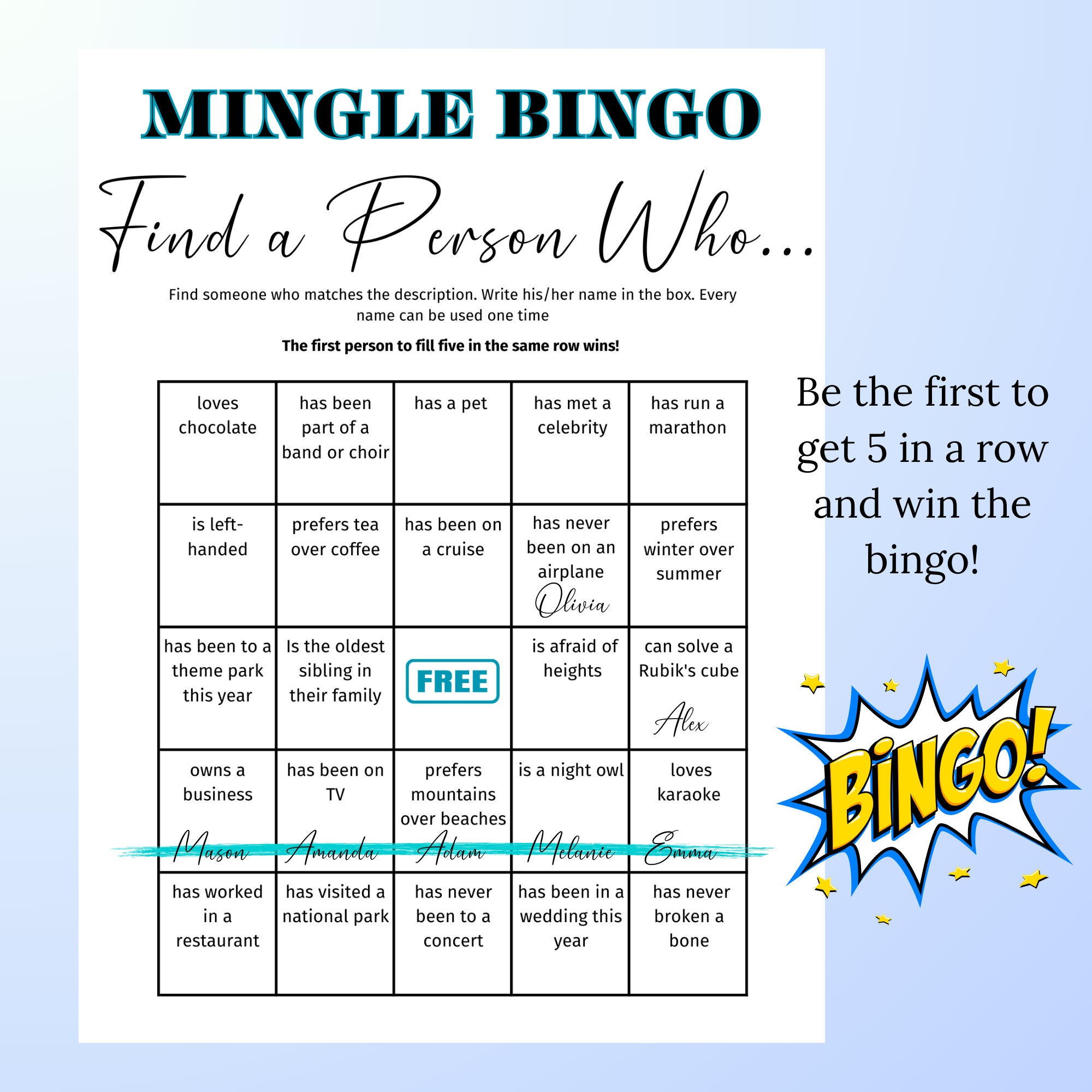 Mix and Mingle Bingo, Get to Know You Questions, Find Someone Who, Ice Breaker Bingo, Workplace ...