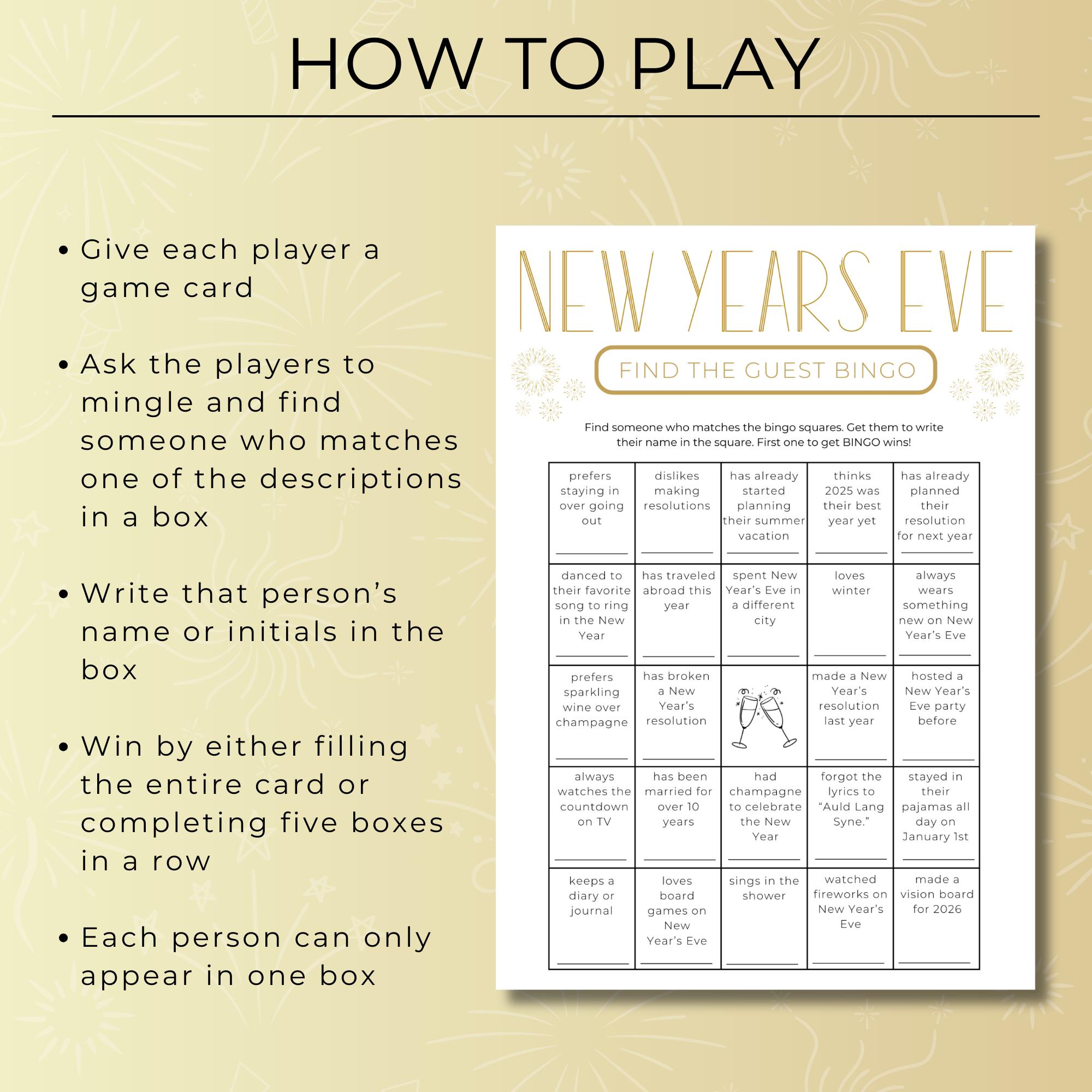 Find the Guest New Year’s Eve Bingo, Fun Printable Icebreaker Party ...