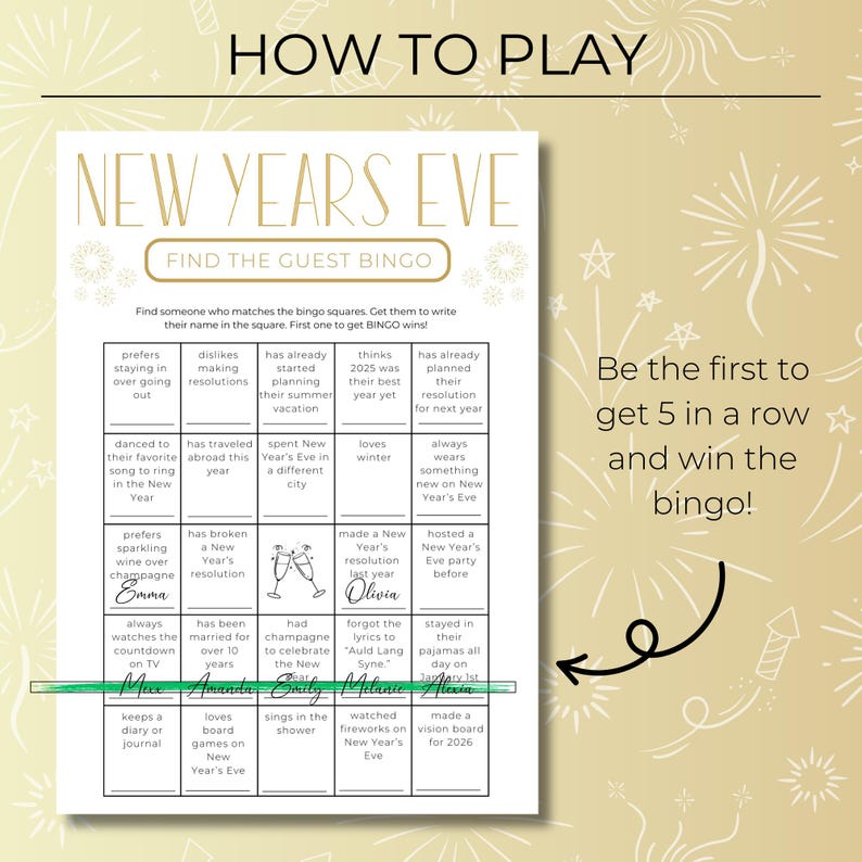 Find the Guest New Year’s Eve Bingo, Fun Printable Icebreaker Party ...