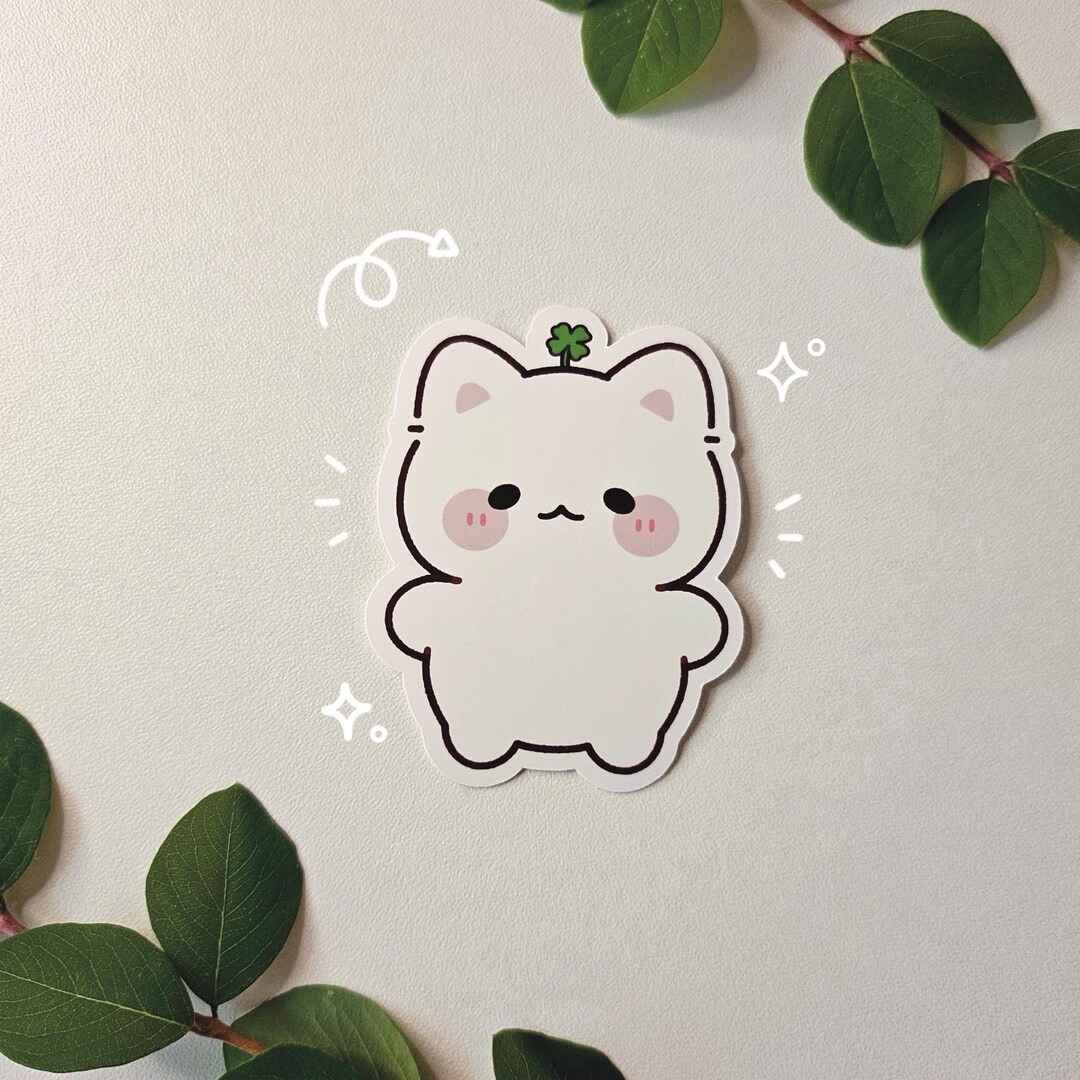 Lucky Four-leaf Clover Cat Vinyl Sticker, Cute Kawaii Cat Sticker ...