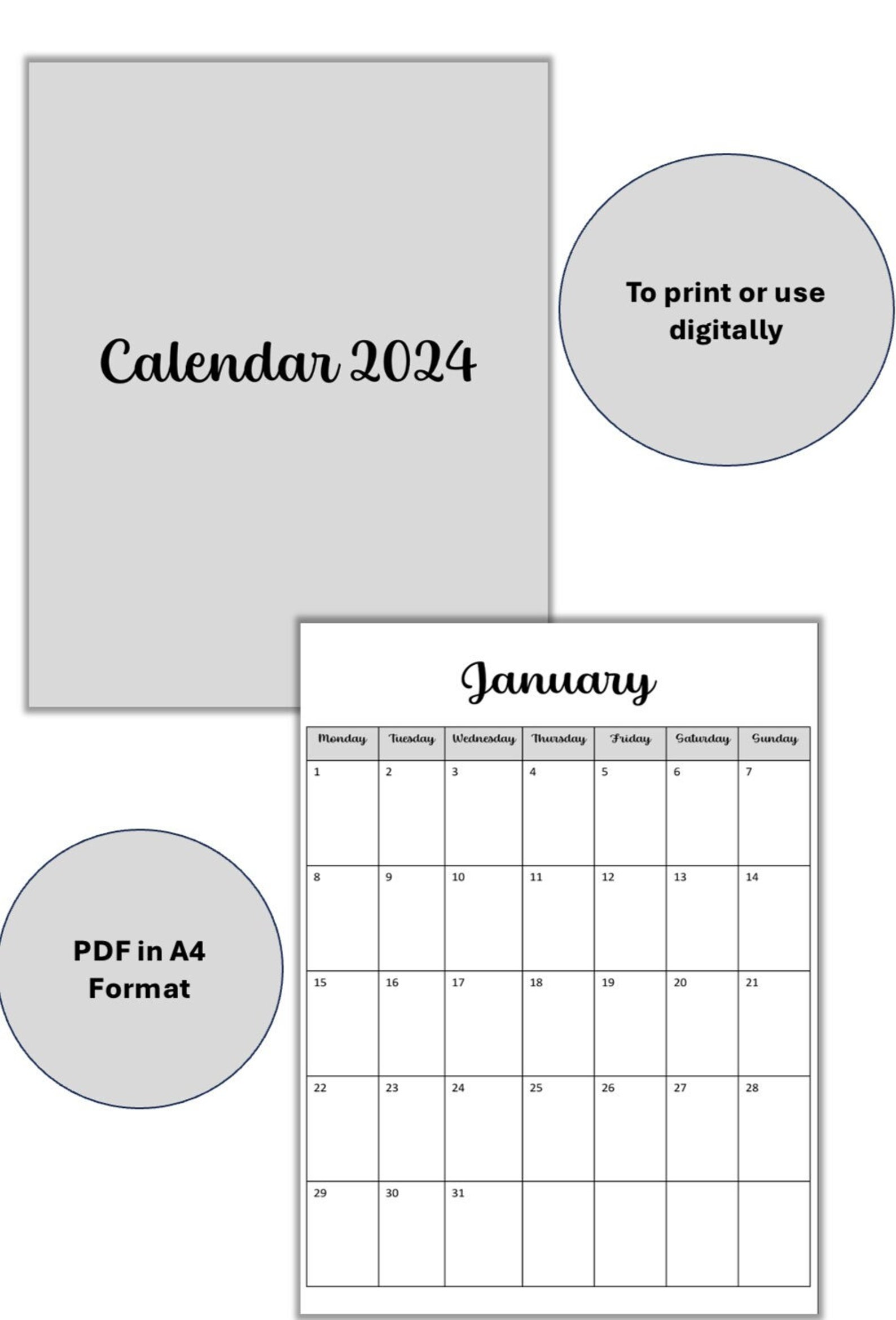 Printable Calendar 2024 Monthly Planner 2024 A4 Format Minimalist ...