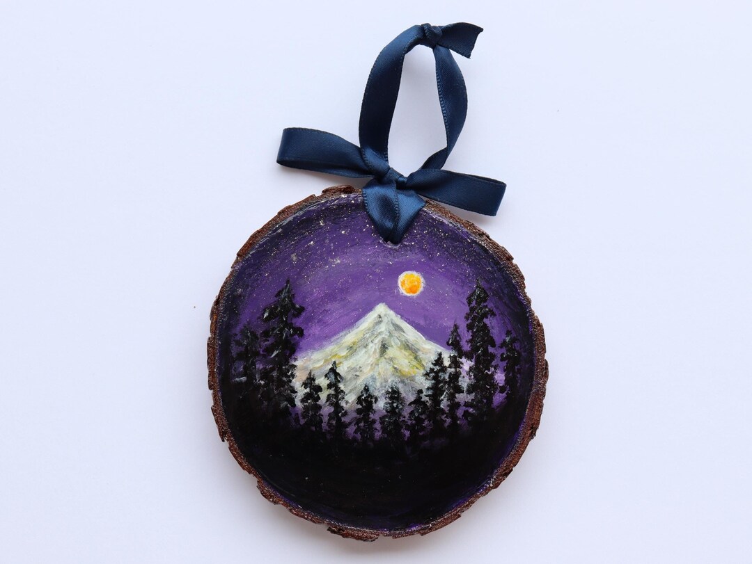 Hand Painted Wood Slice Nature Scenery Night Forest Mountain Painting ...