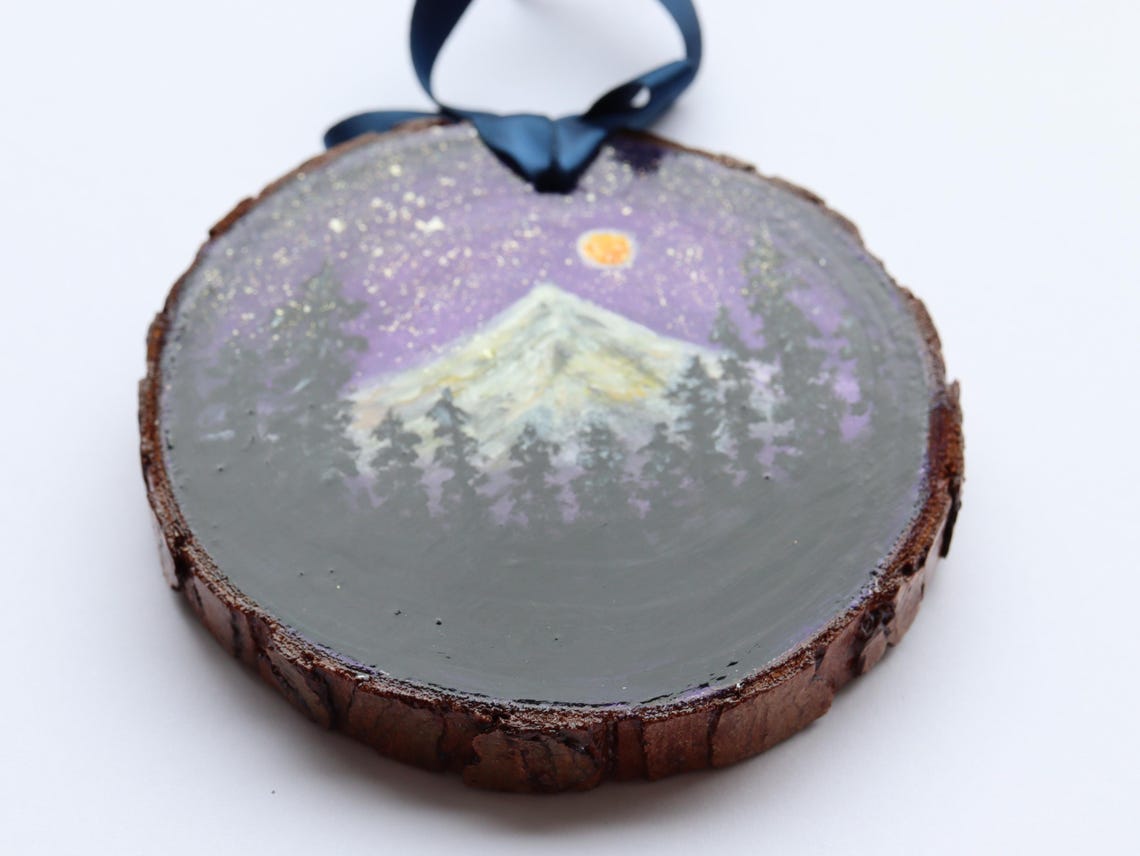 Hand Painted Wood Slice Nature Scenery Night Forest Mountain Painting ...