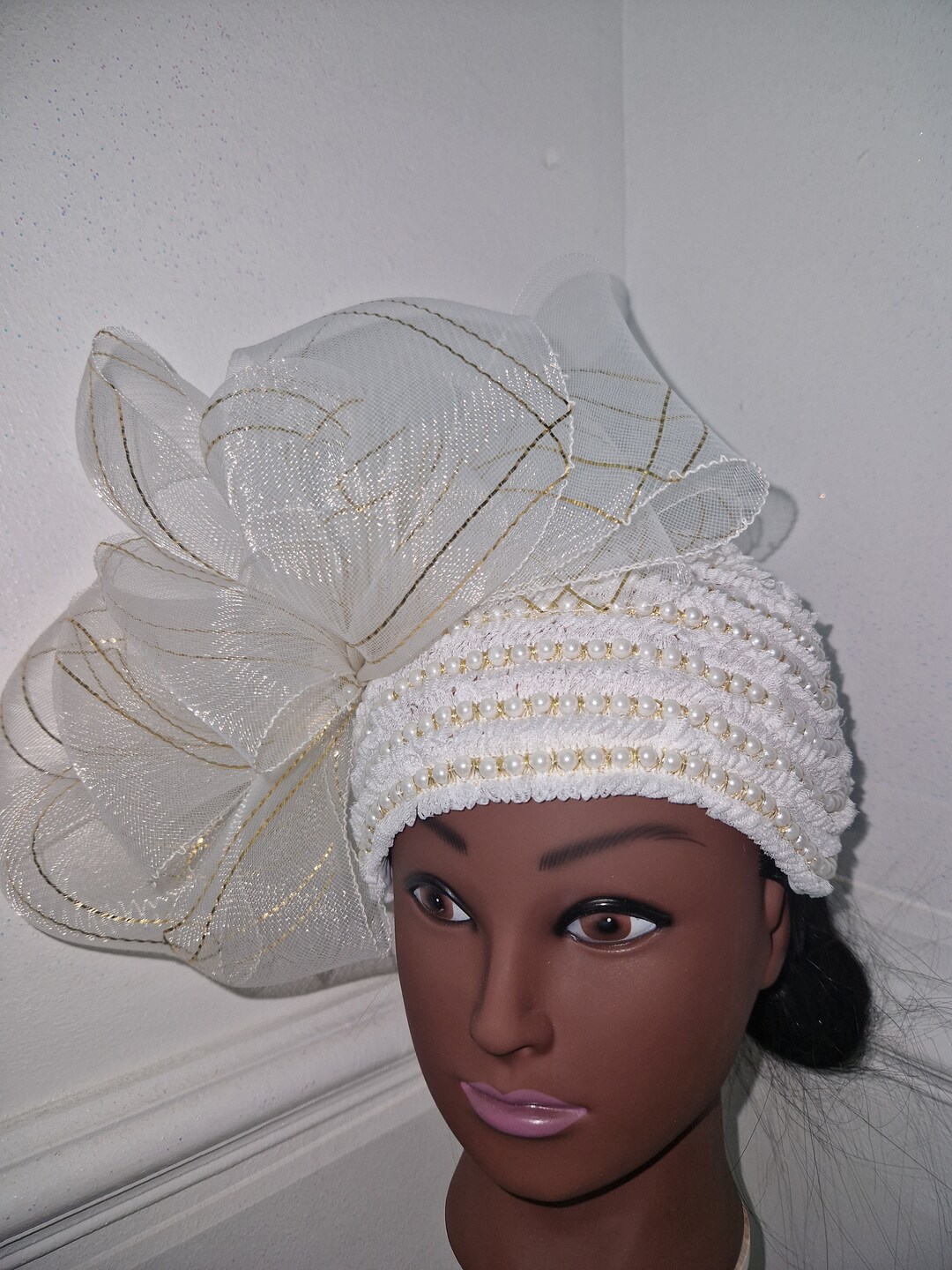 White and Gold Beaded Three Quarter Hat. - Etsy