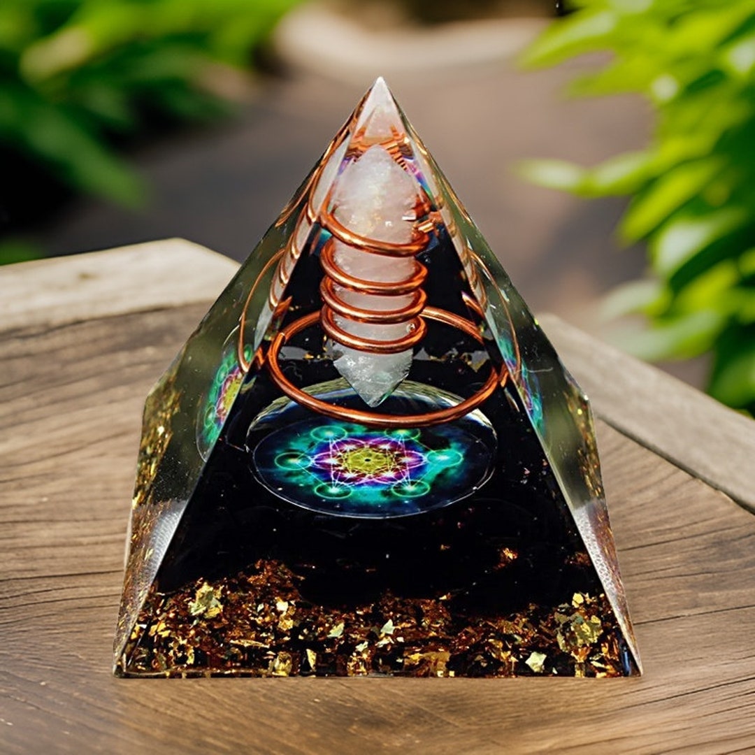 Black Obisidian Orgone Pyramid, White Crystal Copper Wrapped Natural Stone Resin Pyramid 6x6cm ...