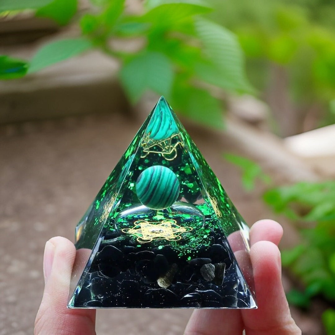 Malachite Orgone Pyramid, Natural Green Crystal Sphere With Obsidian ...