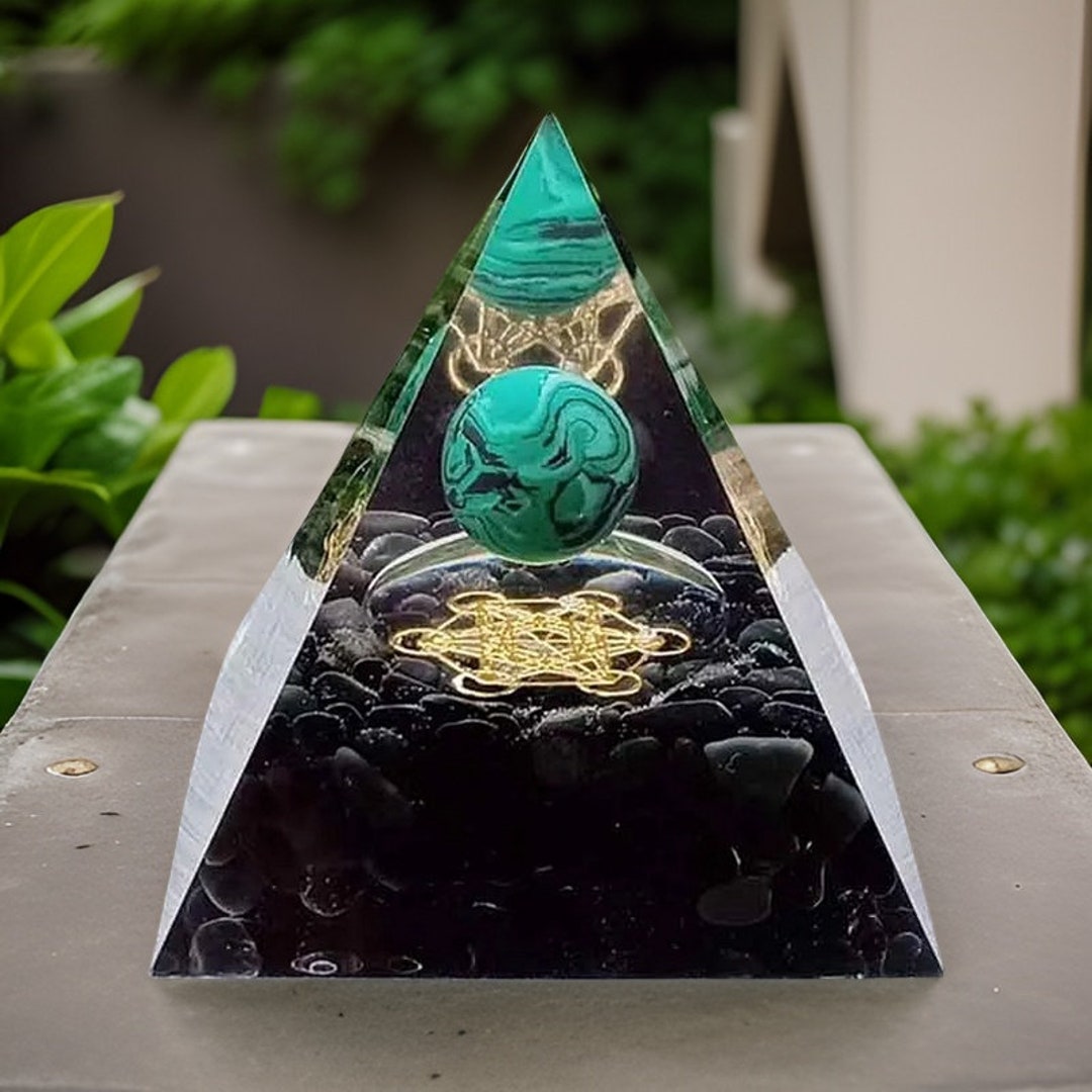 Malachite Orgone Pyramid, Green Crystal Sphere Black Obsidian Resin ...