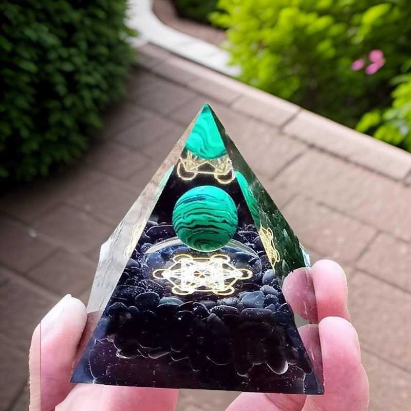 Malachite Orgone Pyramid, Green Crystal Sphere Black Obsidian Resin ...