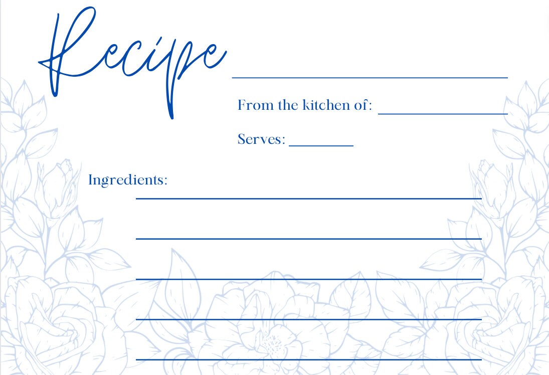 Blue Floral Recipe Card Printable | Printready Digital File .PDF 4 ...