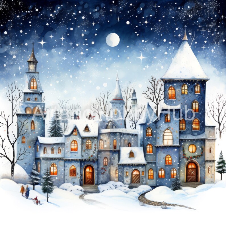 12 Whimsical Winter Village Watercolor Clipart High Quality Jpgs ...