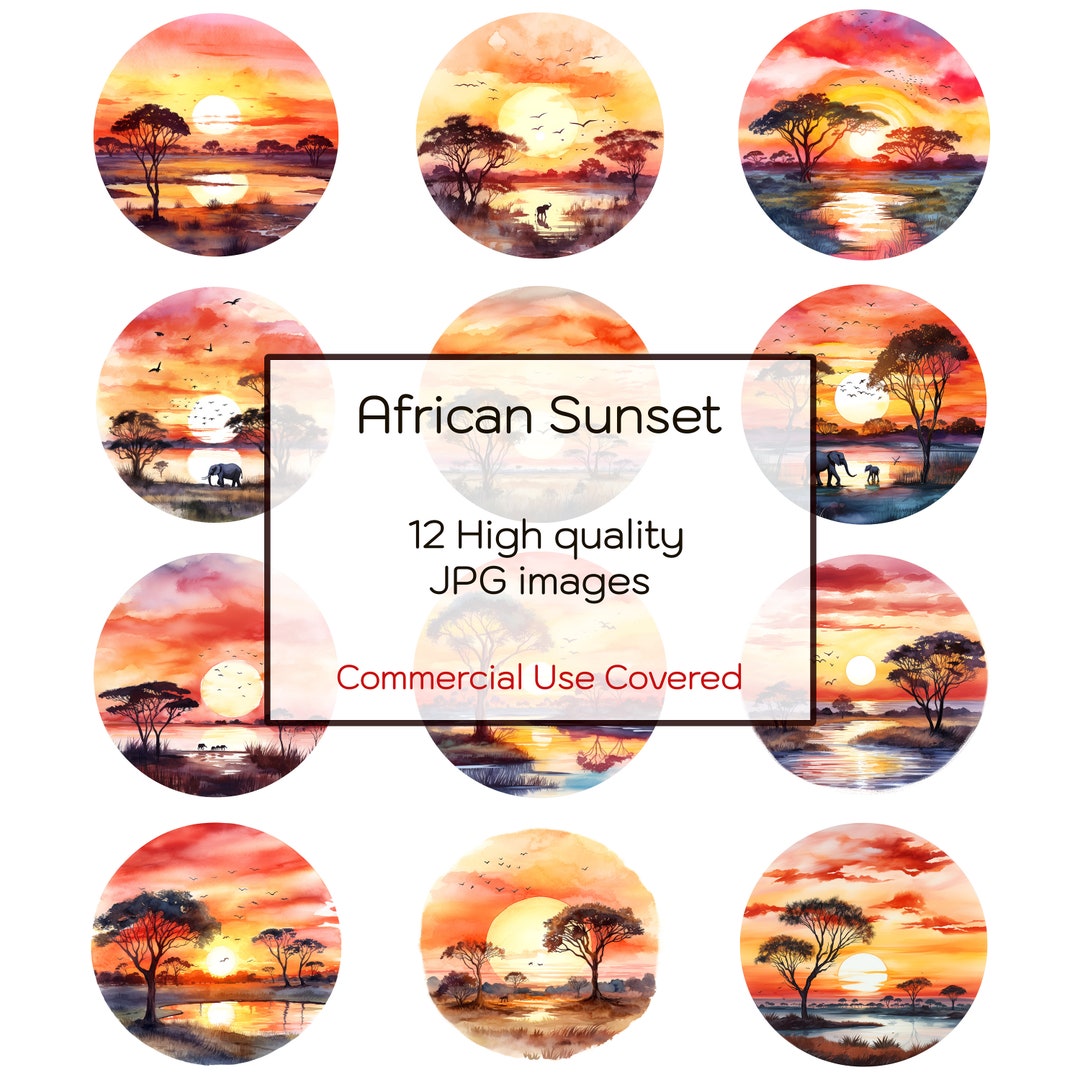 African Sunset Watercolor Clipart, 12 High Quality Jpgs, Print, Journal ...