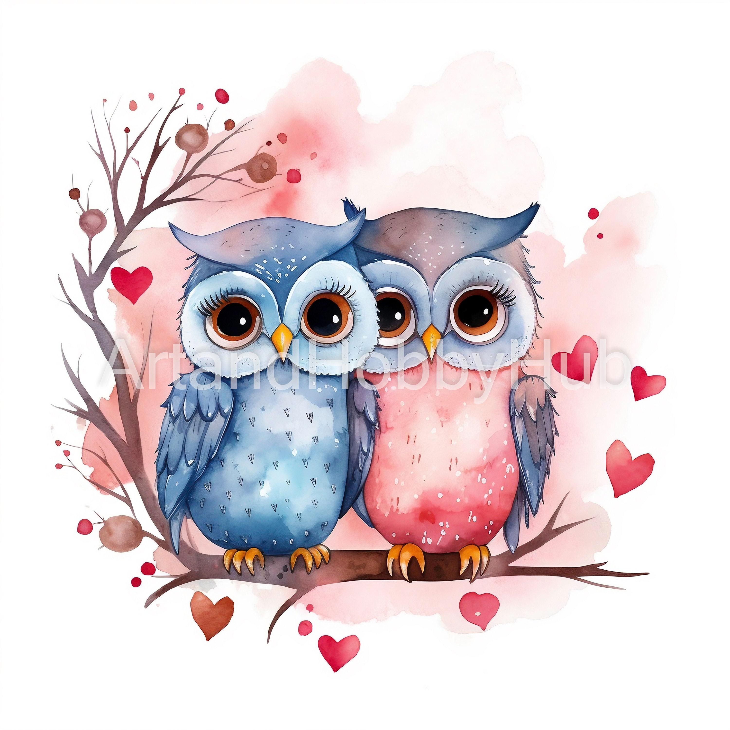 Cute Owl Couple in Love Watercolor Clipart, 12 High Quality Jpgs ...