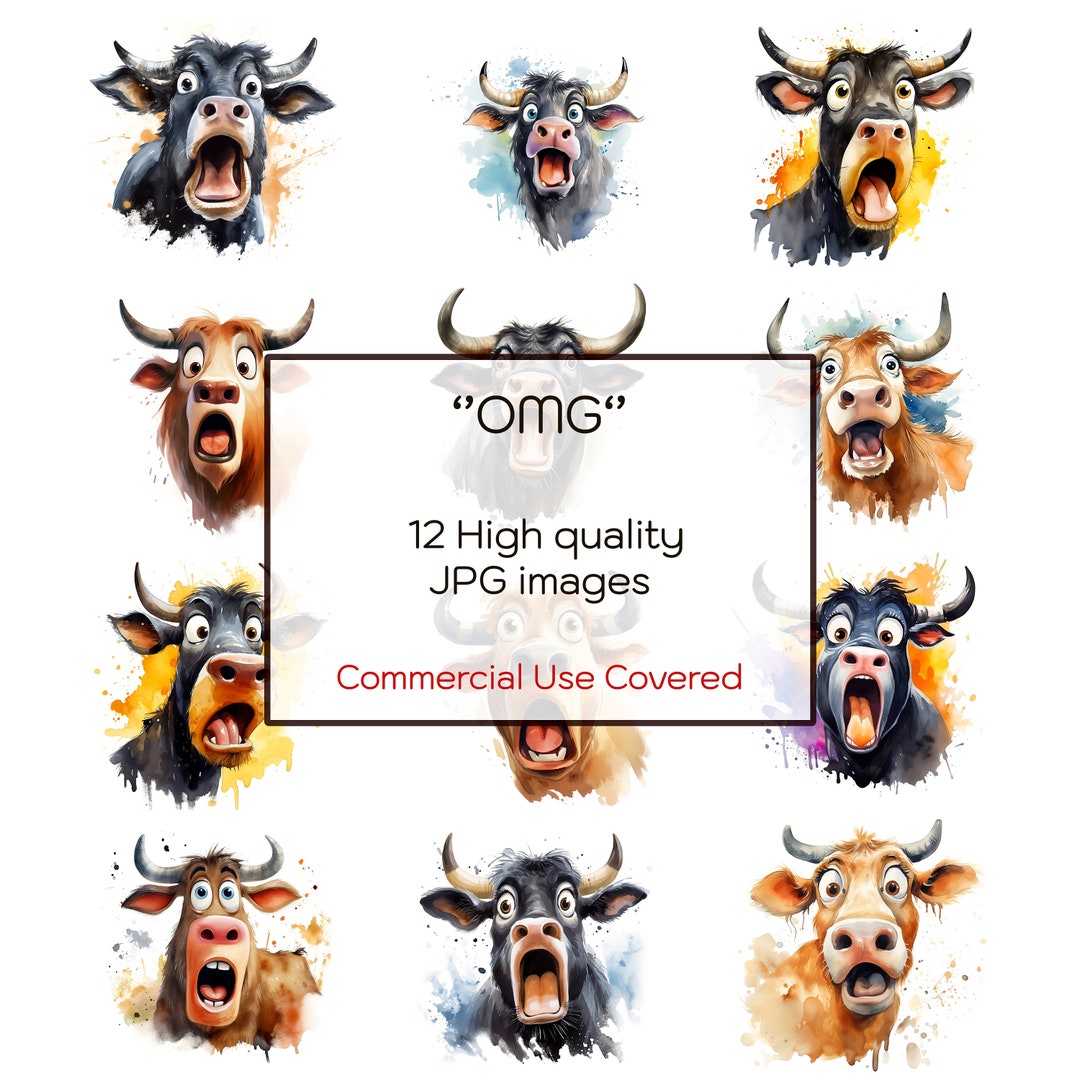 OMG Surprised Shocked Bull/cow Watercolor Clipart, 12 High Quality Jpgs ...