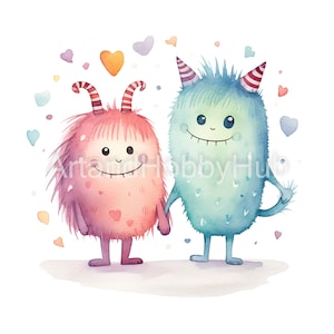 Cute Little Monster Couple Watercolor Clipart, 12 High Quality Jpgs ...