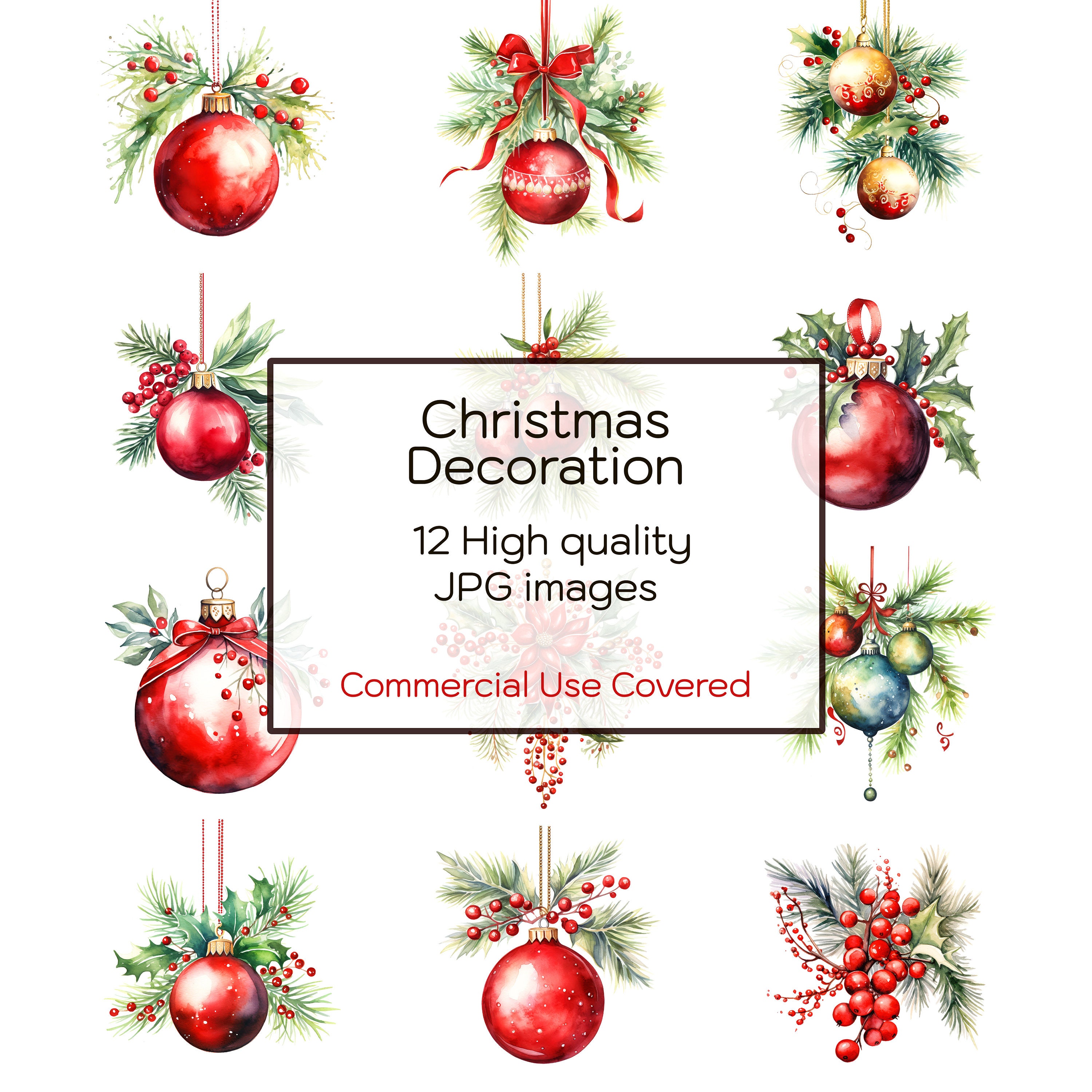 Christmas Decoration Watercolor Clipart, 12 High Quality Jpgs, Craft ...