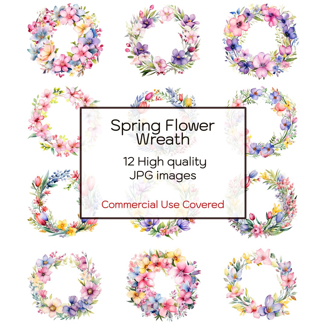 Spring Flower Wreath Watercolor Clipart, 12 High Quality Jpgs, Print ...