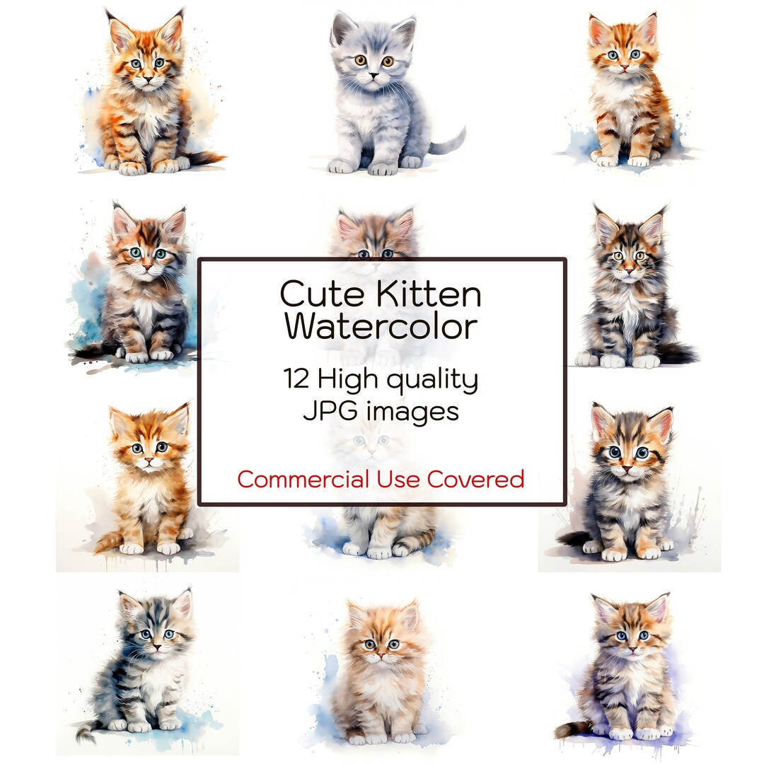 Cute Kitten Watercolor Clipart, 12 High Quality Jpgs, Wall Art, Craft ...
