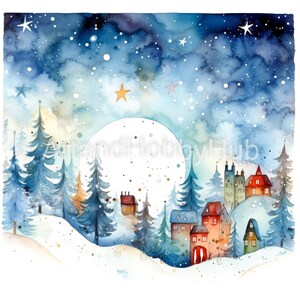 Winter Christmas Village Card Watercolor Clipart, 12 High Quality Jpgs ...
