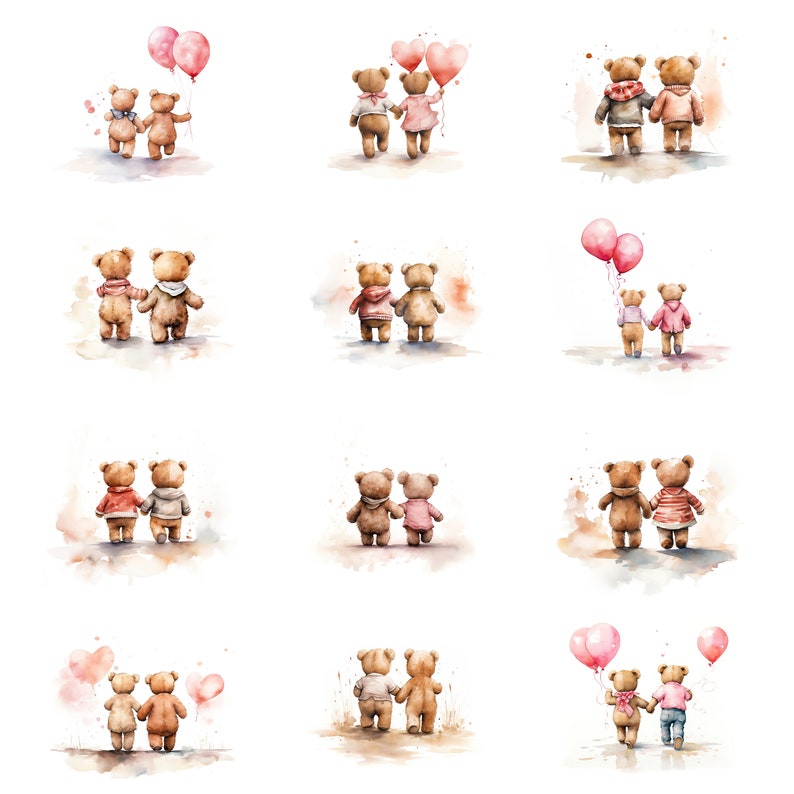 Teddy Bear Couple in Love Watercolor Clipart, 12 High Quality Jpgs ...