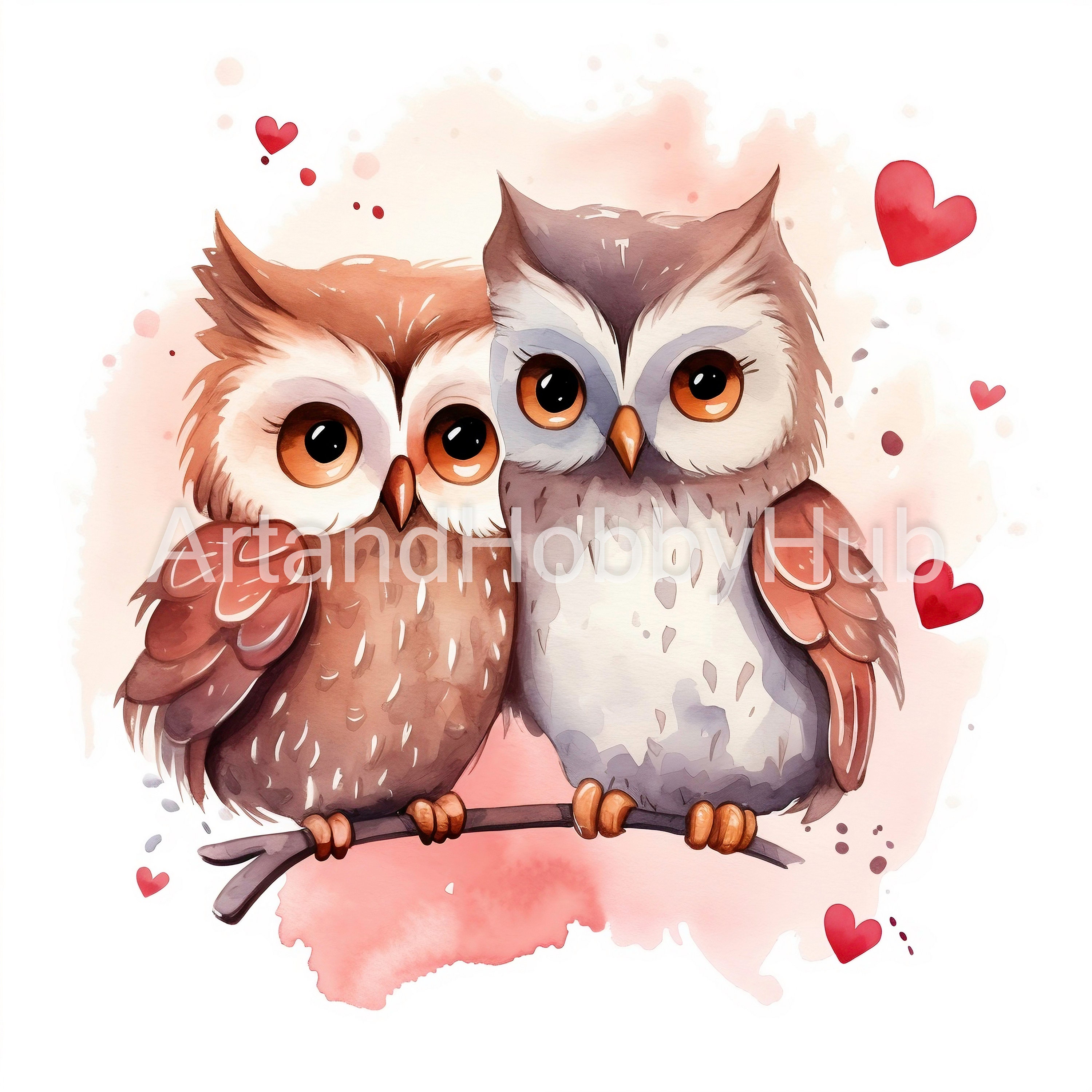 Cute Owl Couple in Love Watercolor Clipart, 12 High Quality Jpgs ...