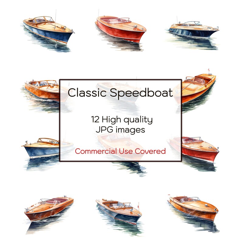 Classic Speedboat Watercolor Clipart, 12 High Quality Jpgs, Memory Book ...