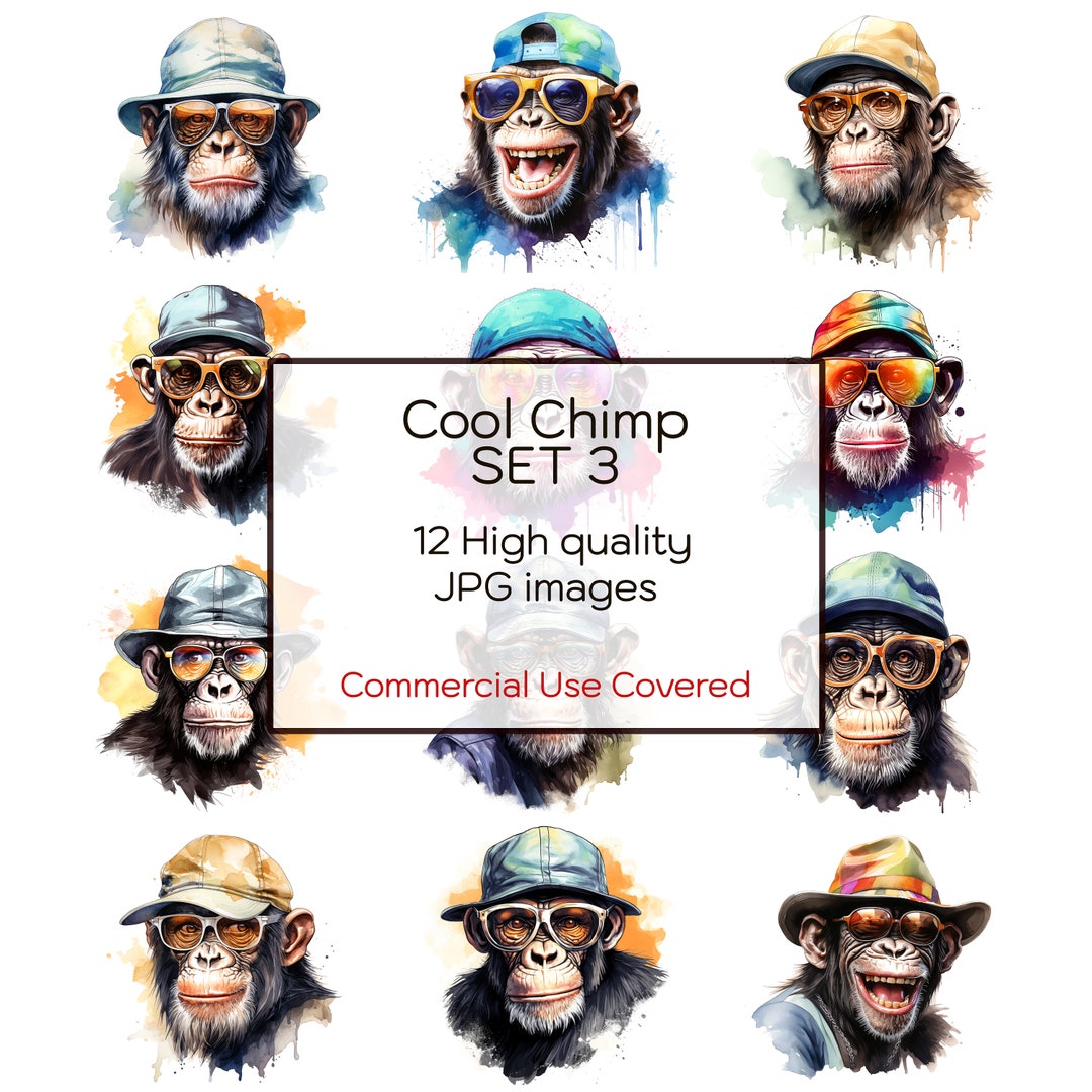 Cool Chimp With Hat Watercolor Clipart, 12 High Quality Jpgs, Print ...