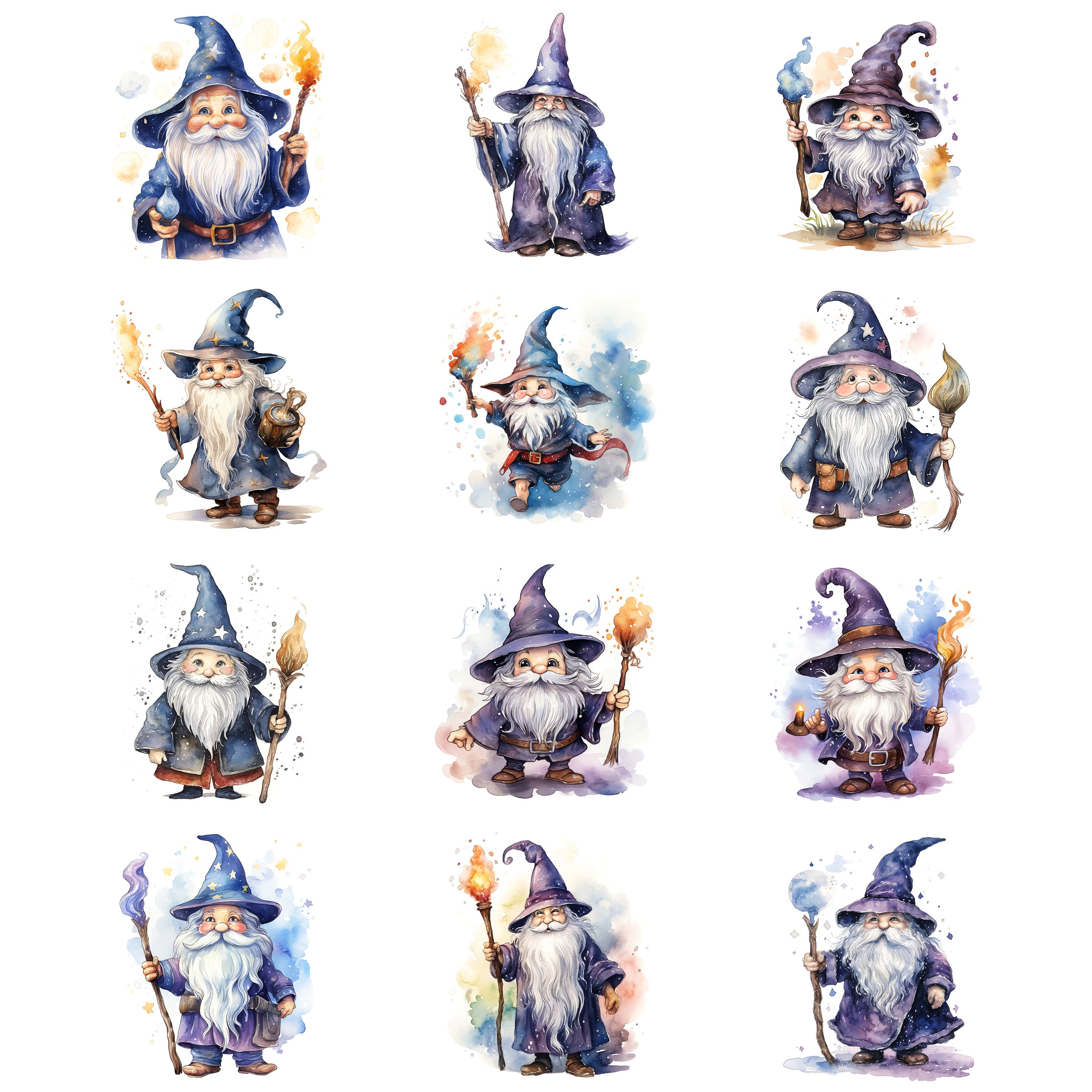 Cartoon Wizard Watercolor Clipart, 12 High Quality Jpgs, Wall Art Print ...