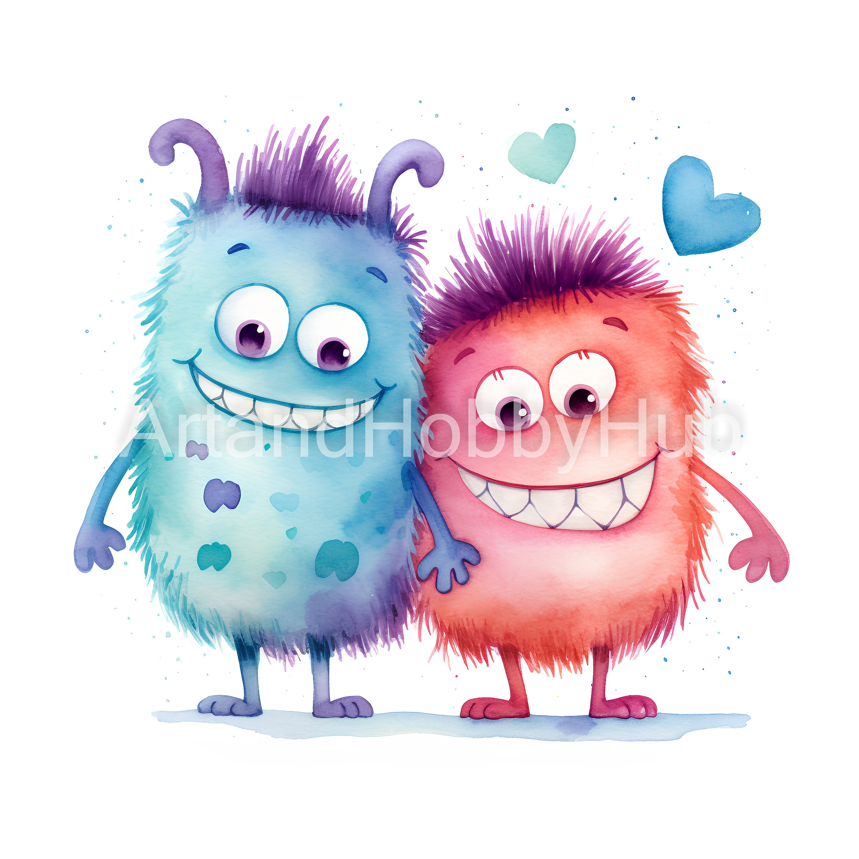 Cute Little Monster Couple Watercolor Clipart, 12 High Quality Jpgs ...