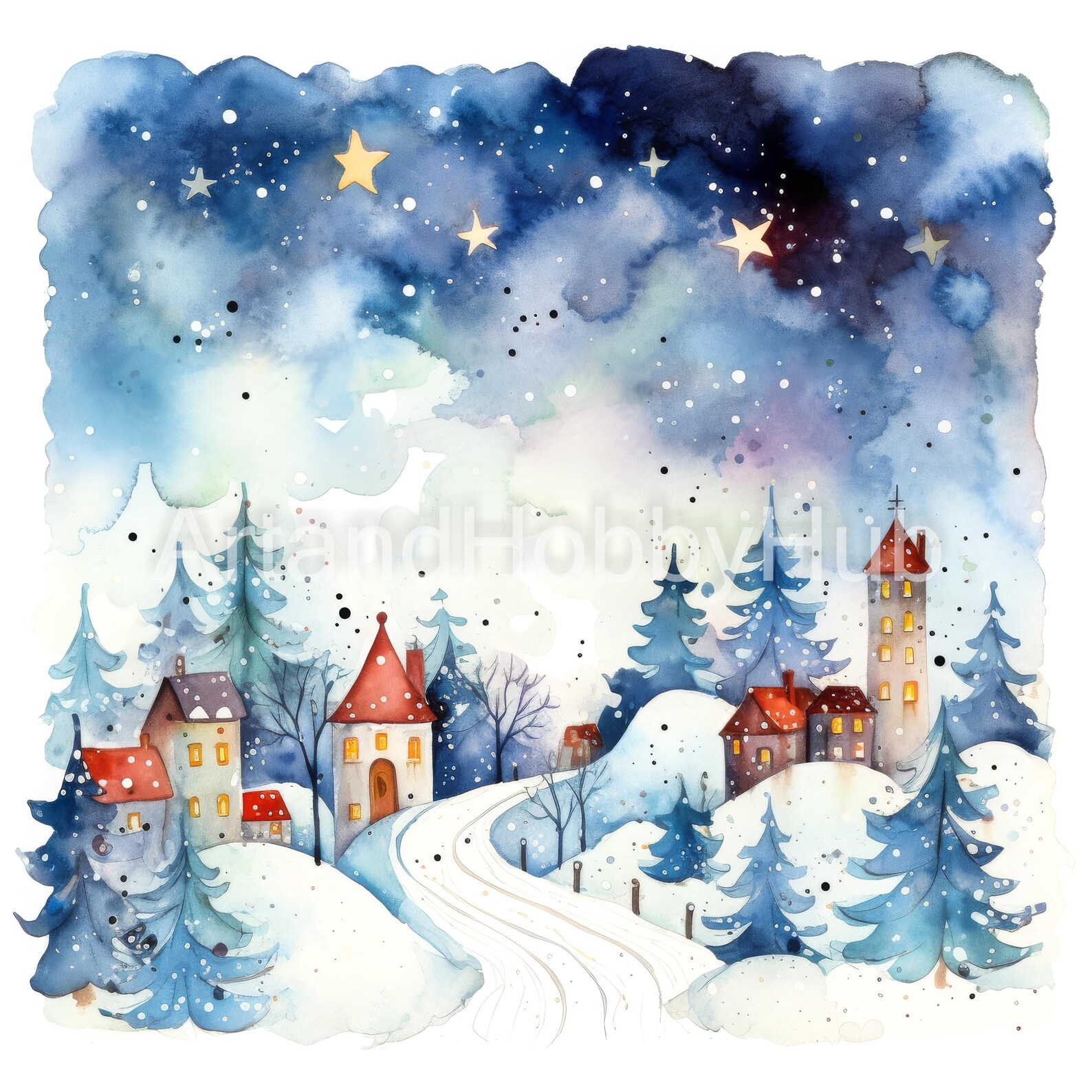 Winter Christmas Village Card Watercolor Clipart, 12 High Quality Jpgs ...