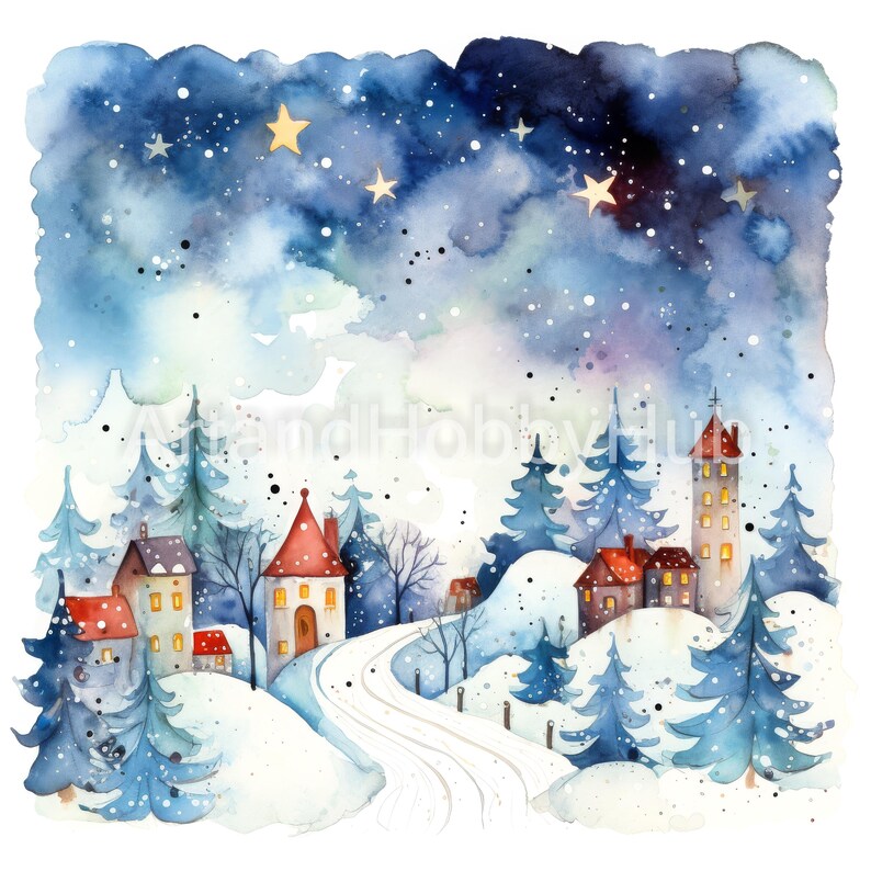 Winter Christmas Village Card Watercolor Clipart, 12 High Quality Jpgs ...