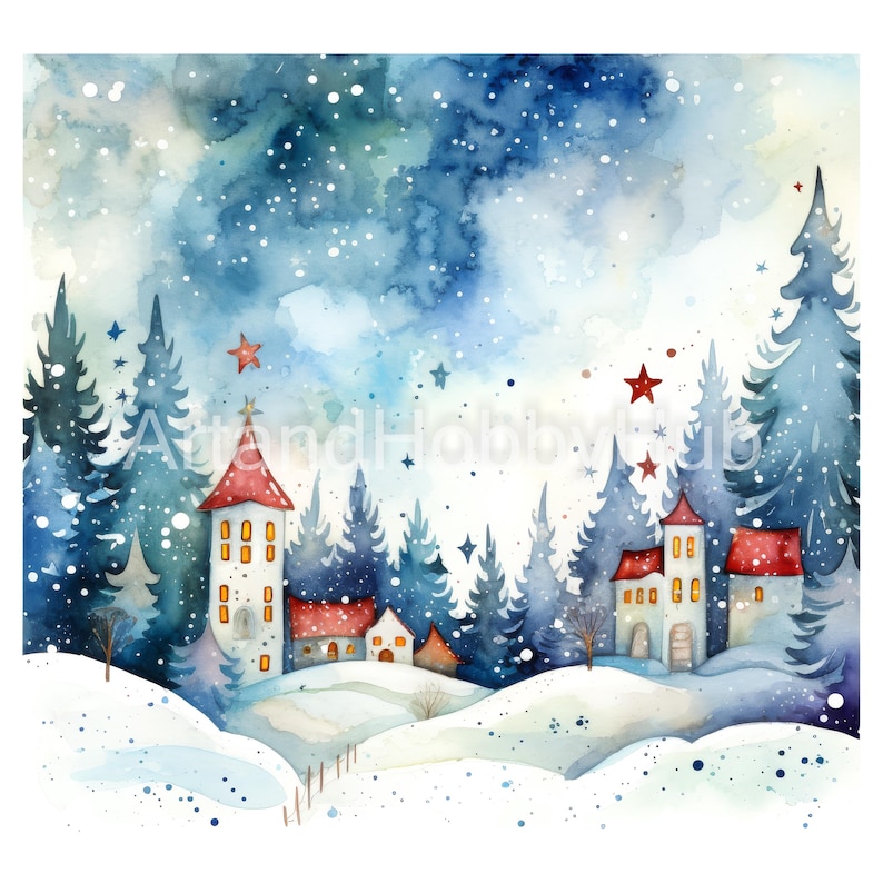 Winter Christmas Village Card Watercolor Clipart, 12 High Quality Jpgs ...