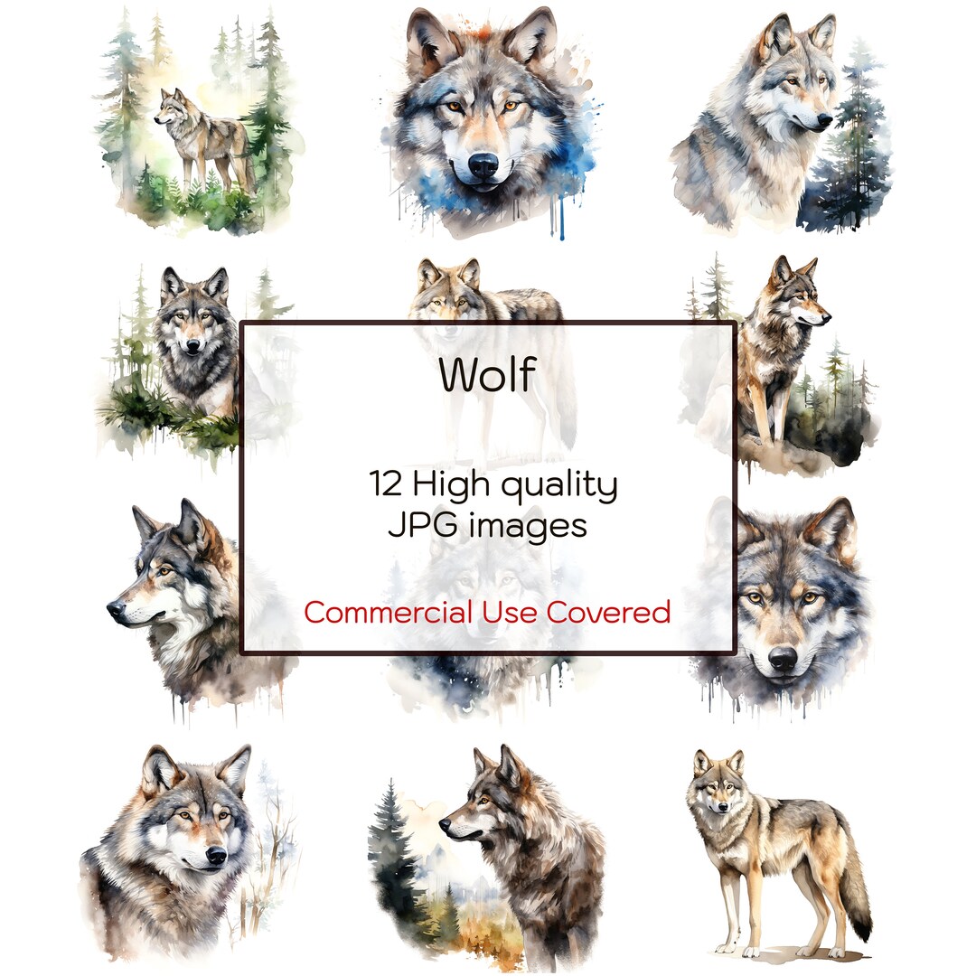 Wolf Watercolor Clipart, 12 High Quality Jpgs, Wall Art, Print, Cards ...