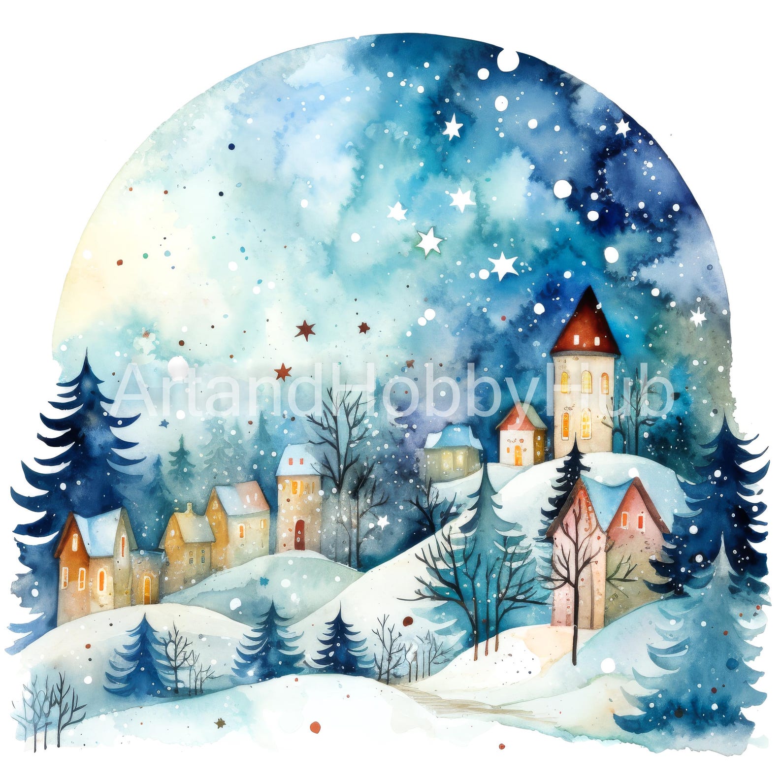 Winter Christmas Village Card Watercolor Clipart, 12 High Quality Jpgs ...