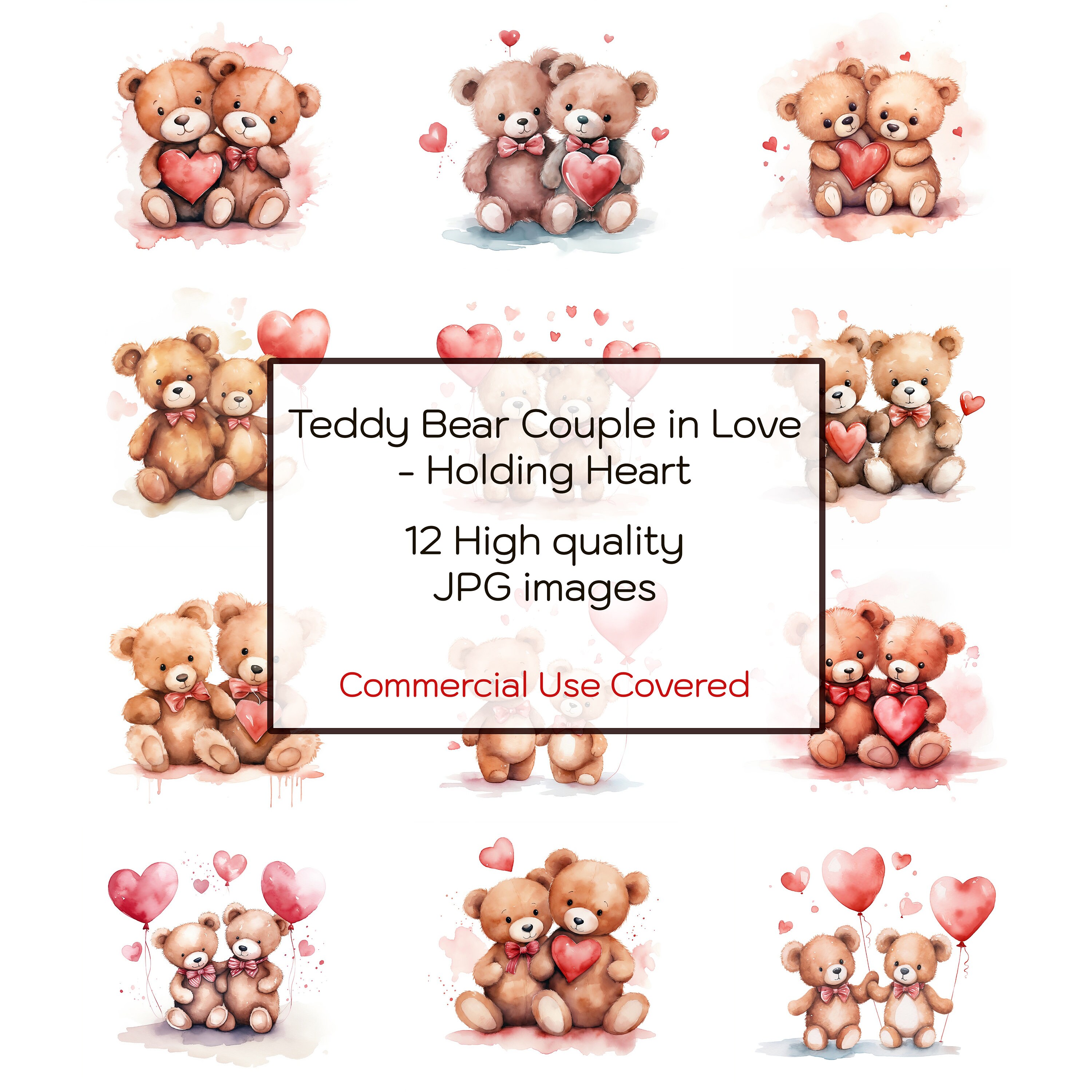 Teddy Bear Couple in Love Watercolor Clipart, 12 High Quality Jpgs ...
