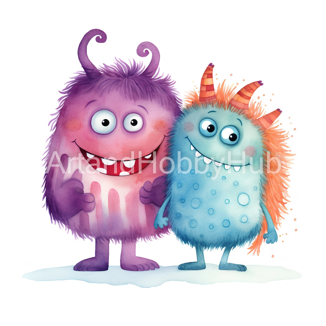 Cute Little Monster Couple Watercolor Clipart, 12 High Quality Jpgs ...