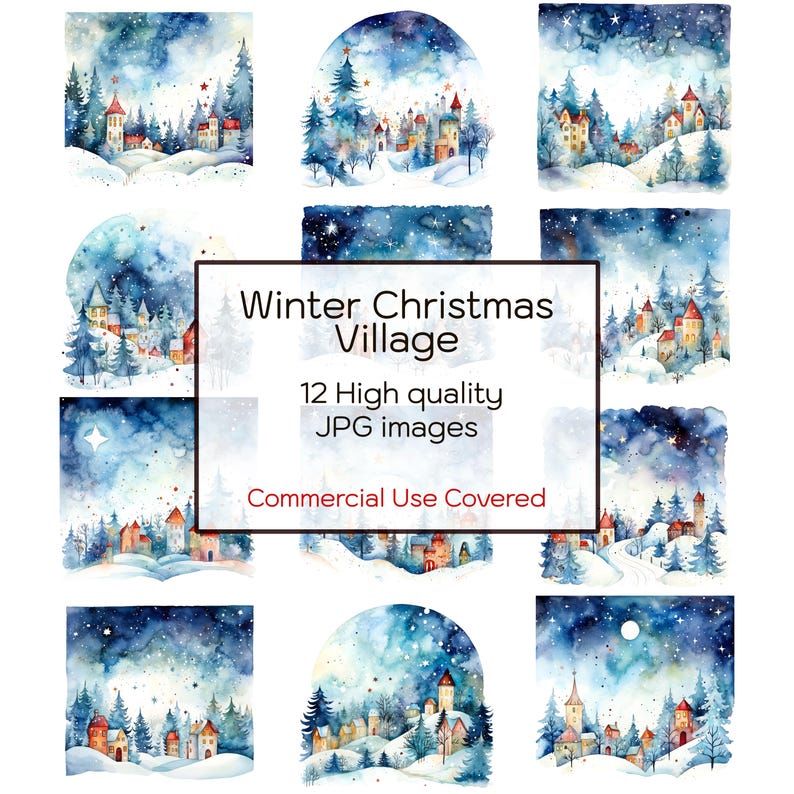 Winter Christmas Village Card Watercolor Clipart, 12 High Quality Jpgs ...