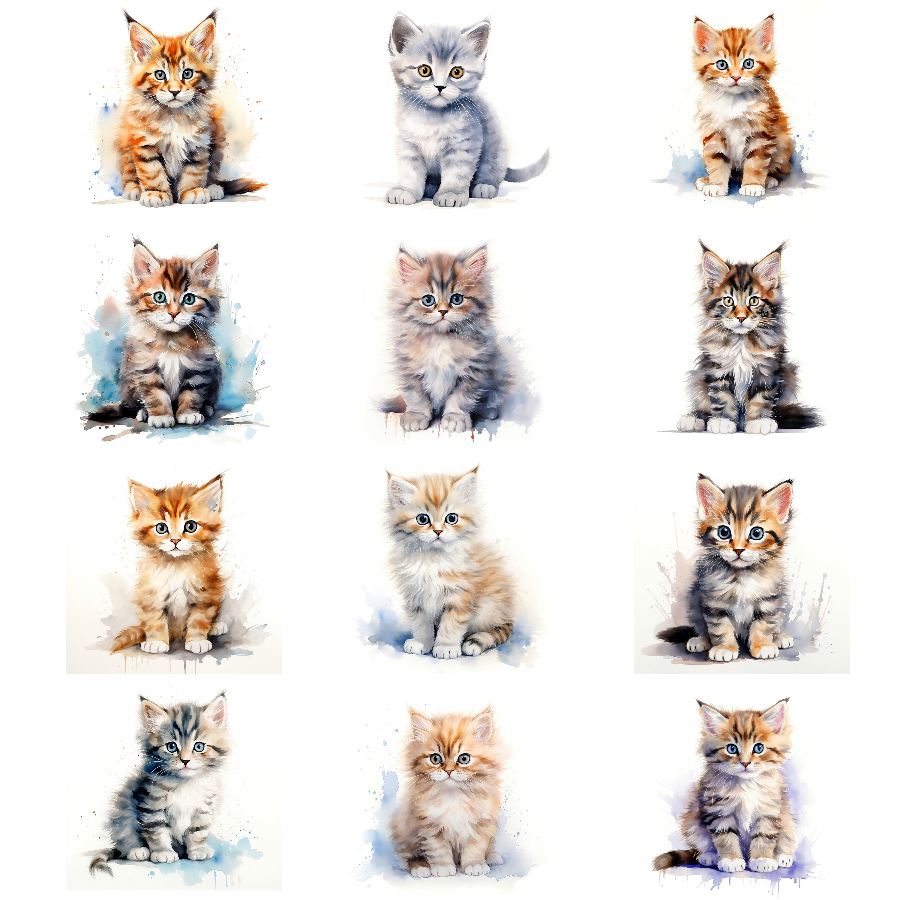 Cute Kitten Watercolor Clipart, 12 High Quality Jpgs, Wall Art, Craft ...