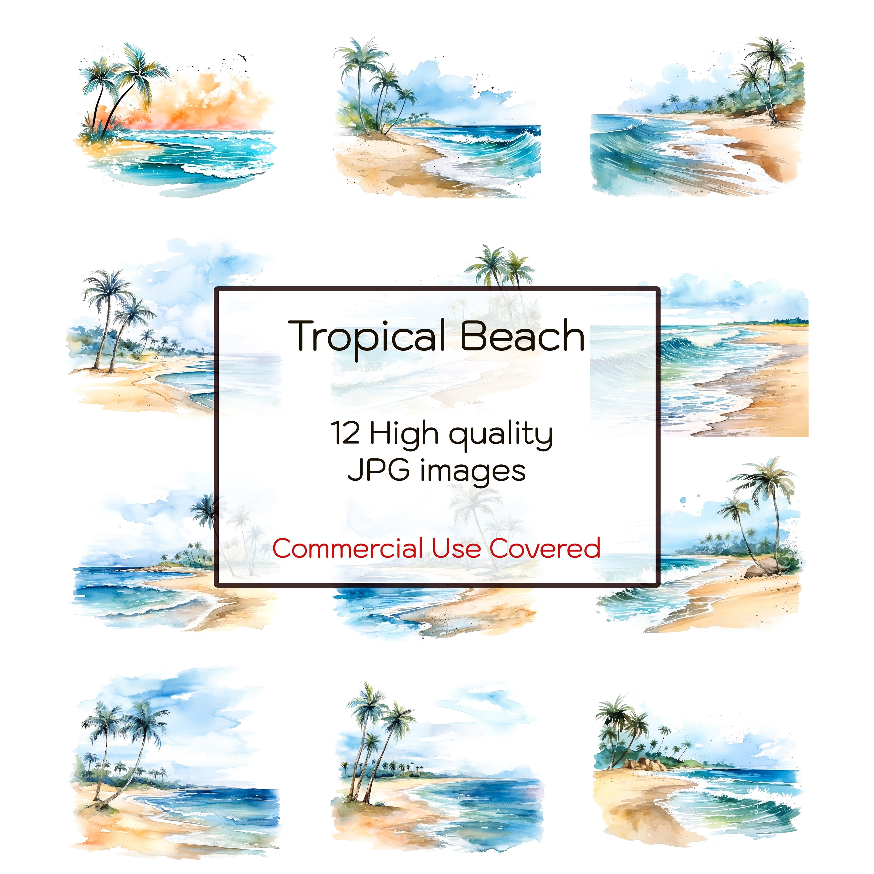Tropical Beach Watercolor Clipart, 12 High Quality Jpgs, Print, Journal ...