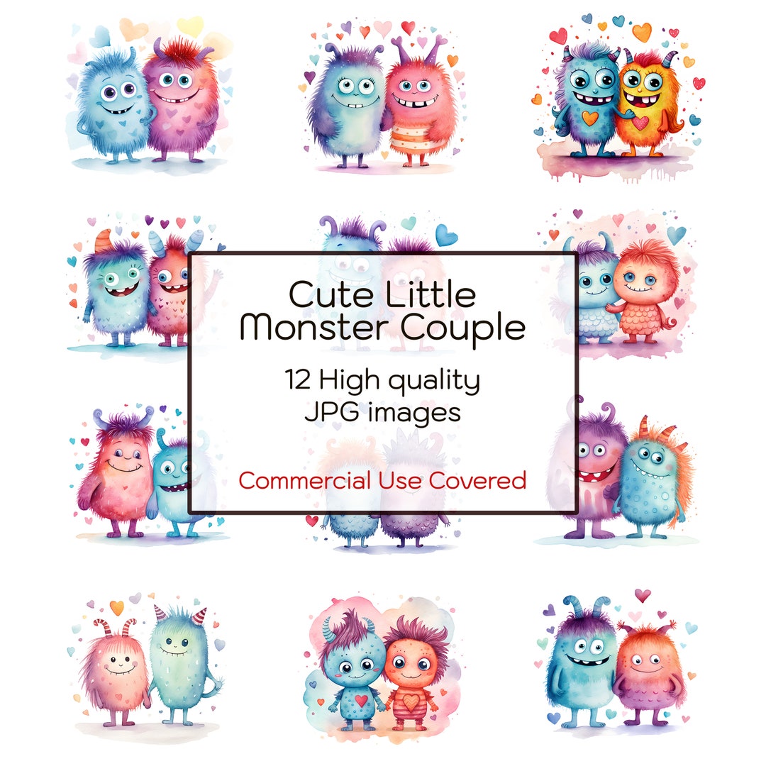 Cute Little Monster Couple Watercolor Clipart, 12 High Quality Jpgs ...