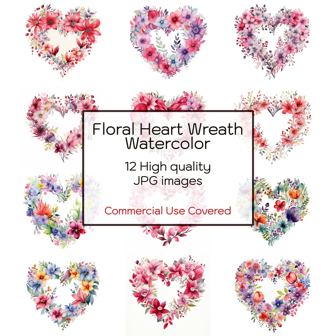 Floral Heart Wreath Watercolor Clipart, 12 High Quality Jpgs, Valentine ...