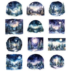 Winter Night Forest Watercolor Clipart, 12 High Quality Jpgs, Print ...