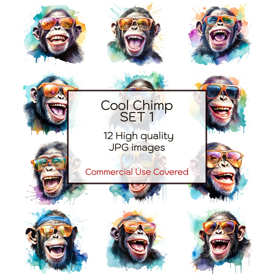 Cool Chimp With Sunglasses Watercolor Clipart, 12 High Quality Jpgs ...